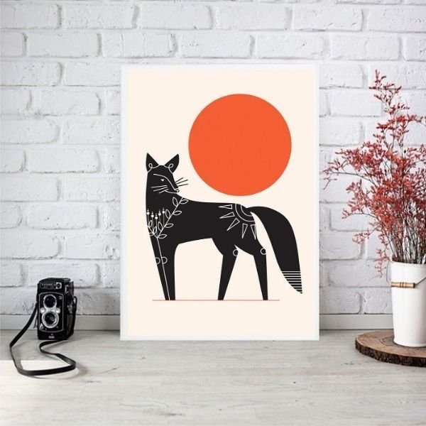 Quadro Decorativo Lobo Boho - Lua Vermelha 45x34cm:moldura Branca | MadeiraMadeira