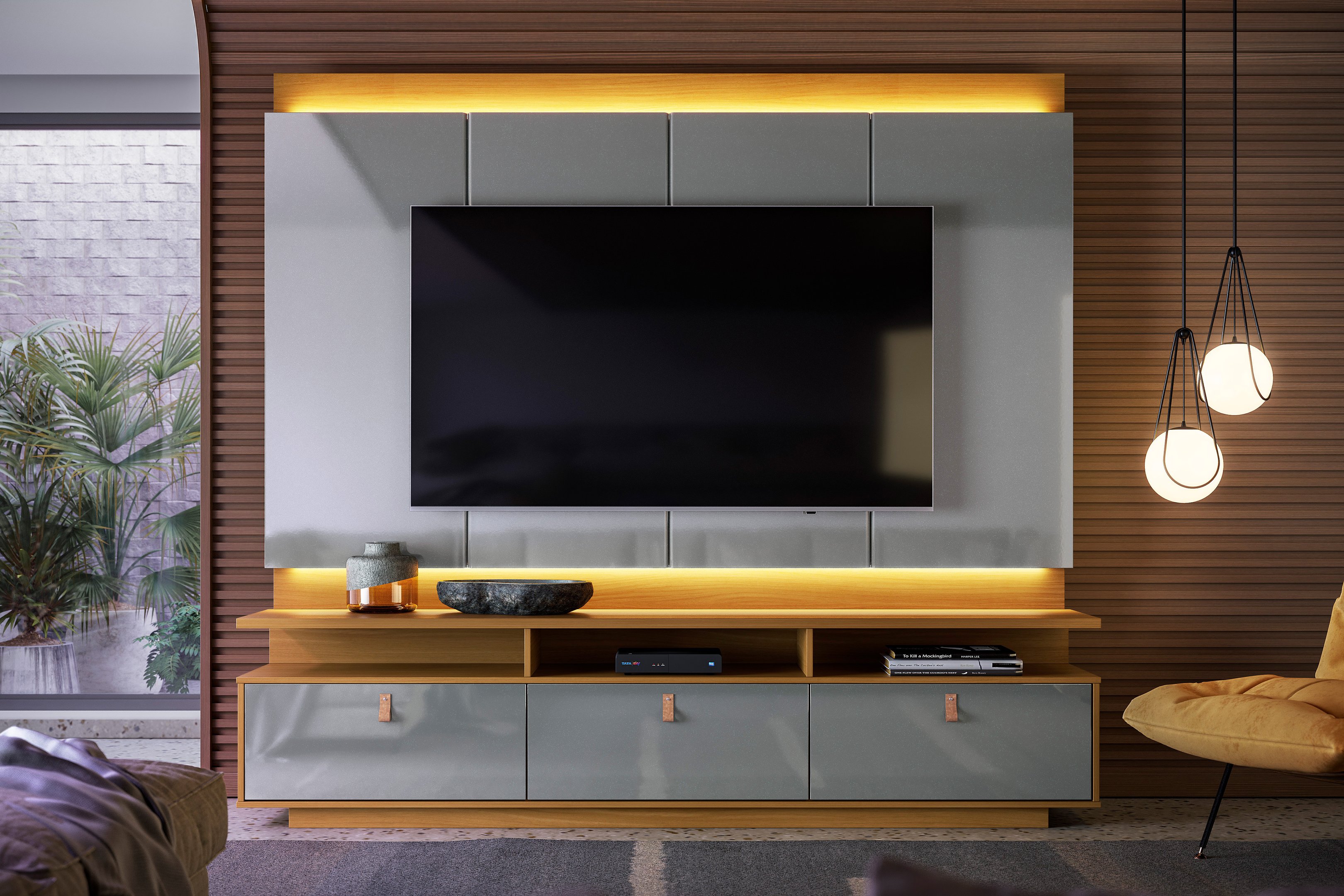 Conjunto Rack com Painel para TV até 75 Polegadas Marrocos Tauari/Cinza Perolizado | MadeiraMadeira