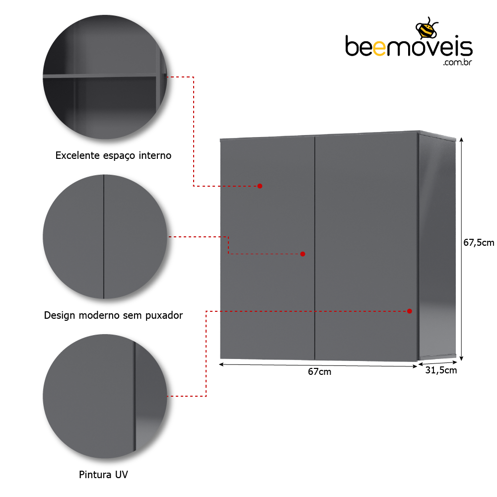 Kit Armário Suspenso com Balcão 2 Portas Microondas -beemóveis - Cinza ...