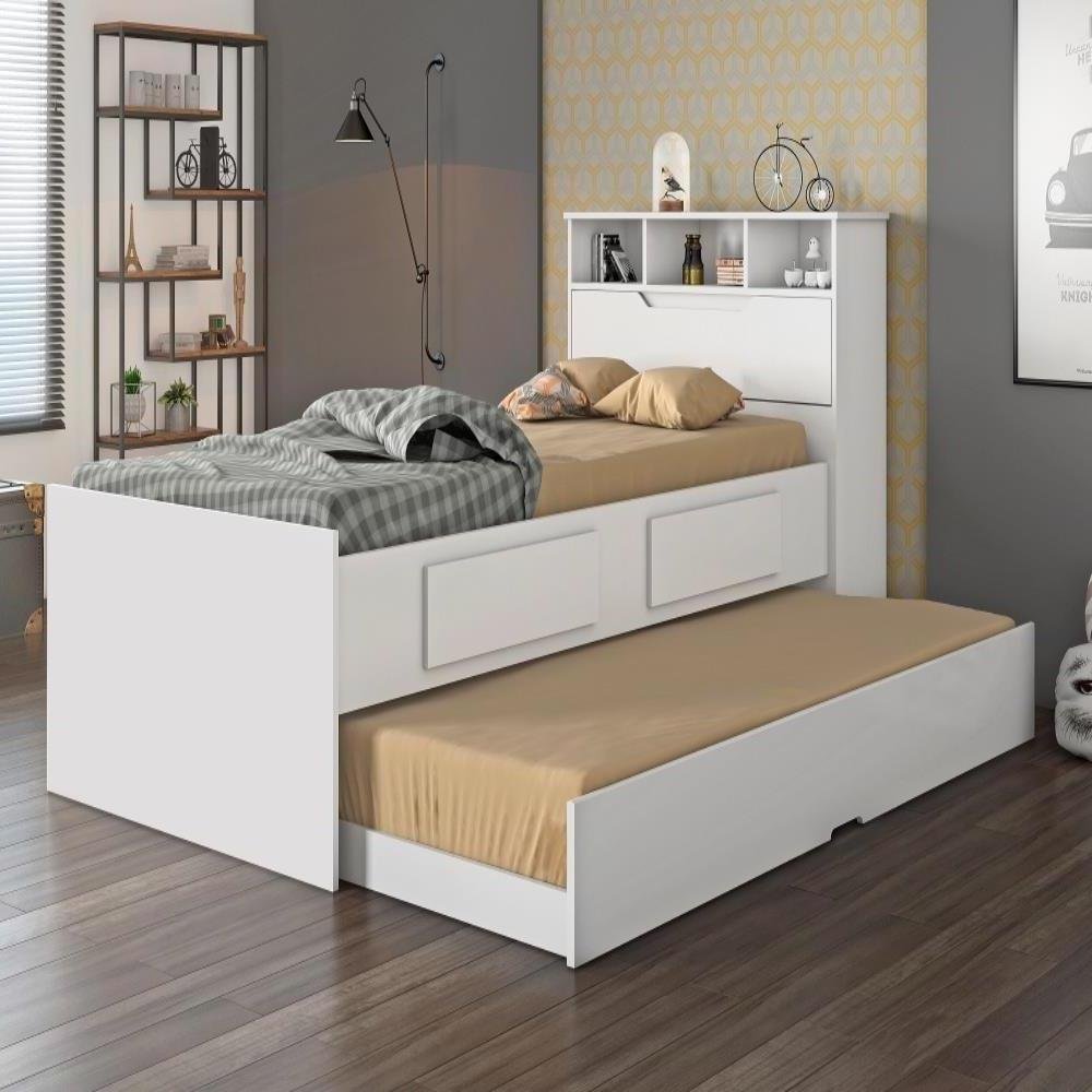 Bicama Solteiro Ravena 2 Gavetas Nichos Baú + Auxiliar | MadeiraMadeira