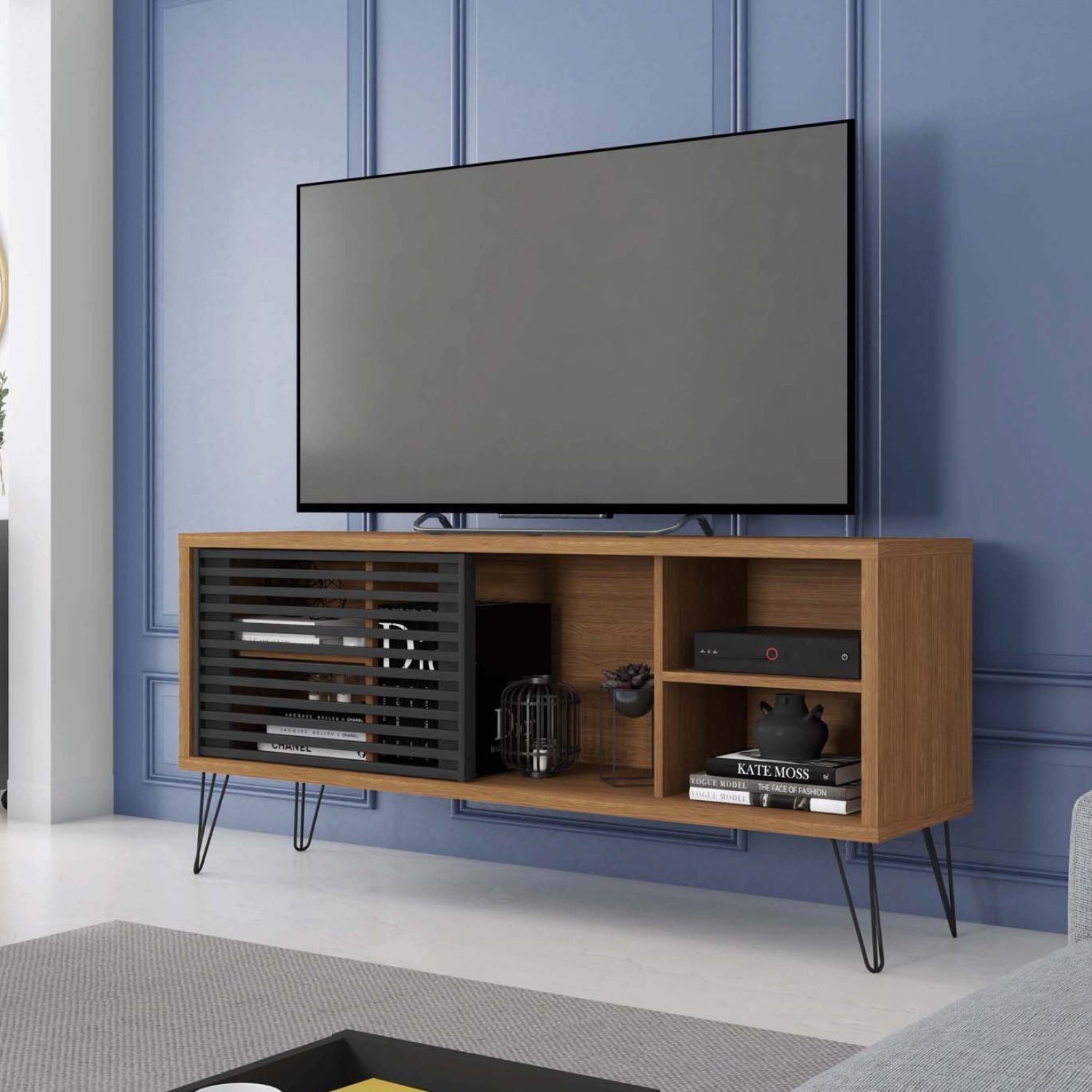 Rack para TV até 55 Polegadas Industrial Retrô 136cm em BP Porta Ripada ...