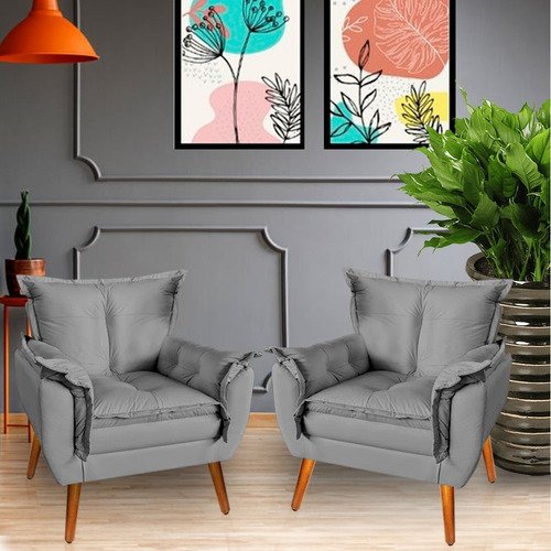 Kit 2 Poltronas Decorativa Opala Suede Capuccino - Cinza - Suede ...