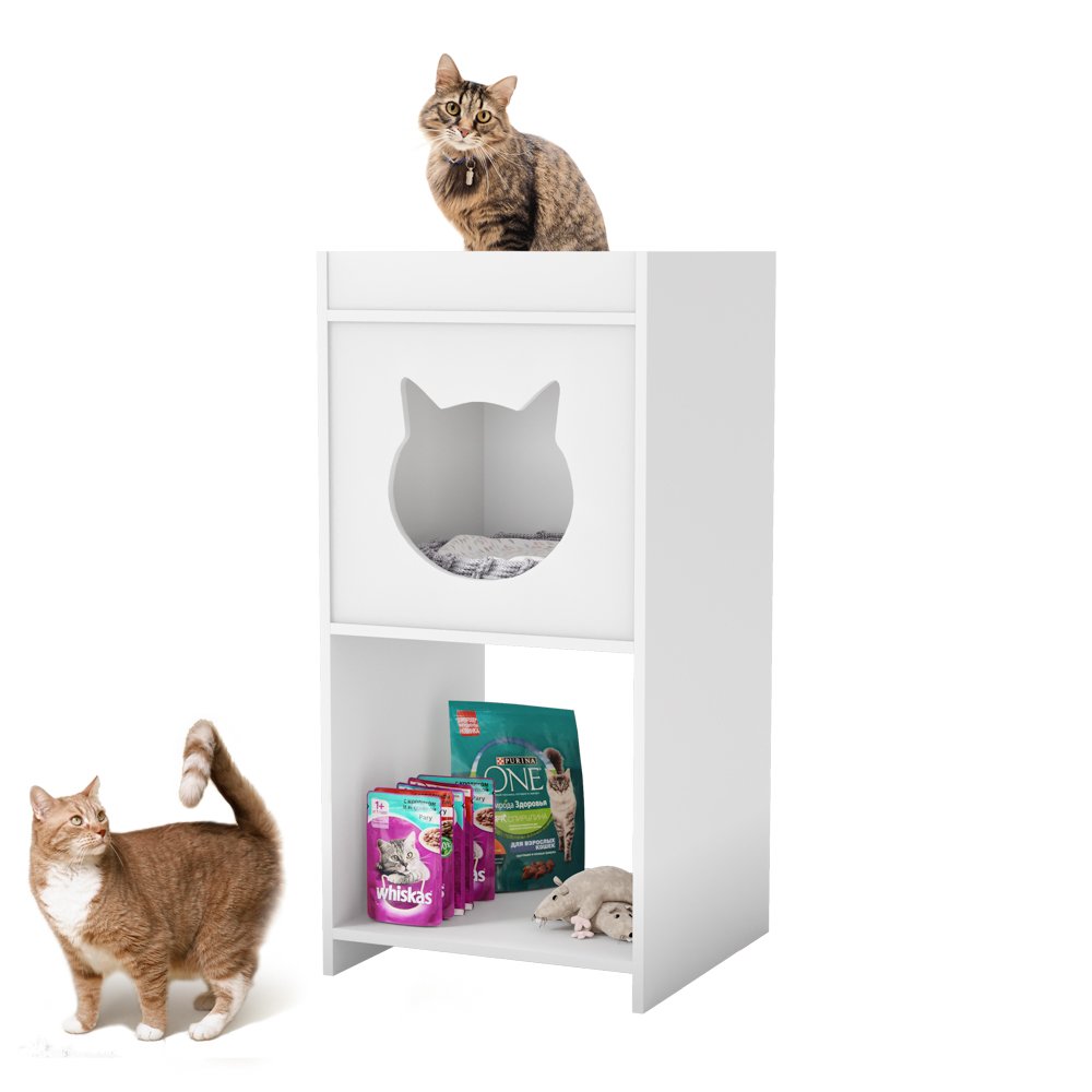 Mesa de Cabeceira Neko com Casinha para Gato e Nicho Integrado Branco ...