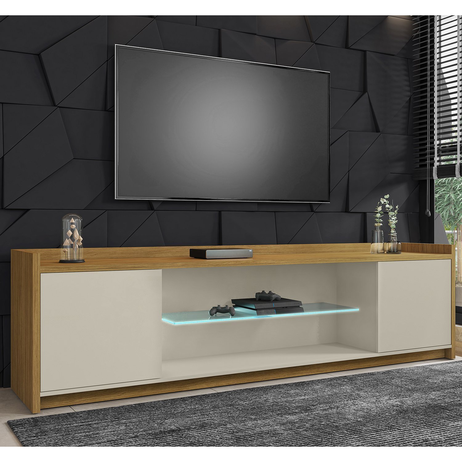 Rack para TV até 82 Polegadas Prateleira de Vidro com Fita LED 2 Portas ...