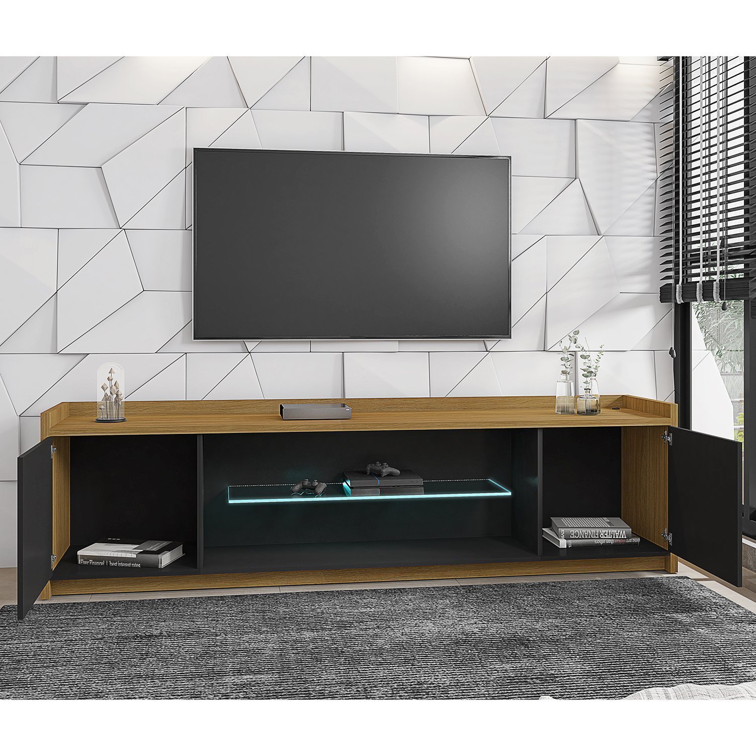 Rack para TV até 82 Polegadas Prateleira de Vidro com Fita LED 2 Portas ...