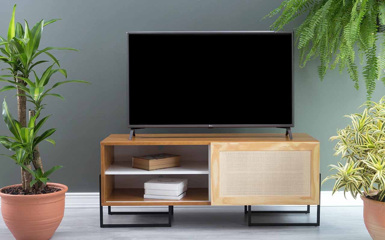 Rack para TV com Porta de Correr Crosby MDF Freijó e Rattan 123x43,6x48 ...
