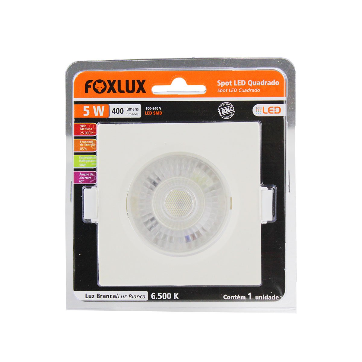 Kit 5 Luminaria Foxlux Spot Led 5W Quadrado 6500K Bivolt | MadeiraMadeira
