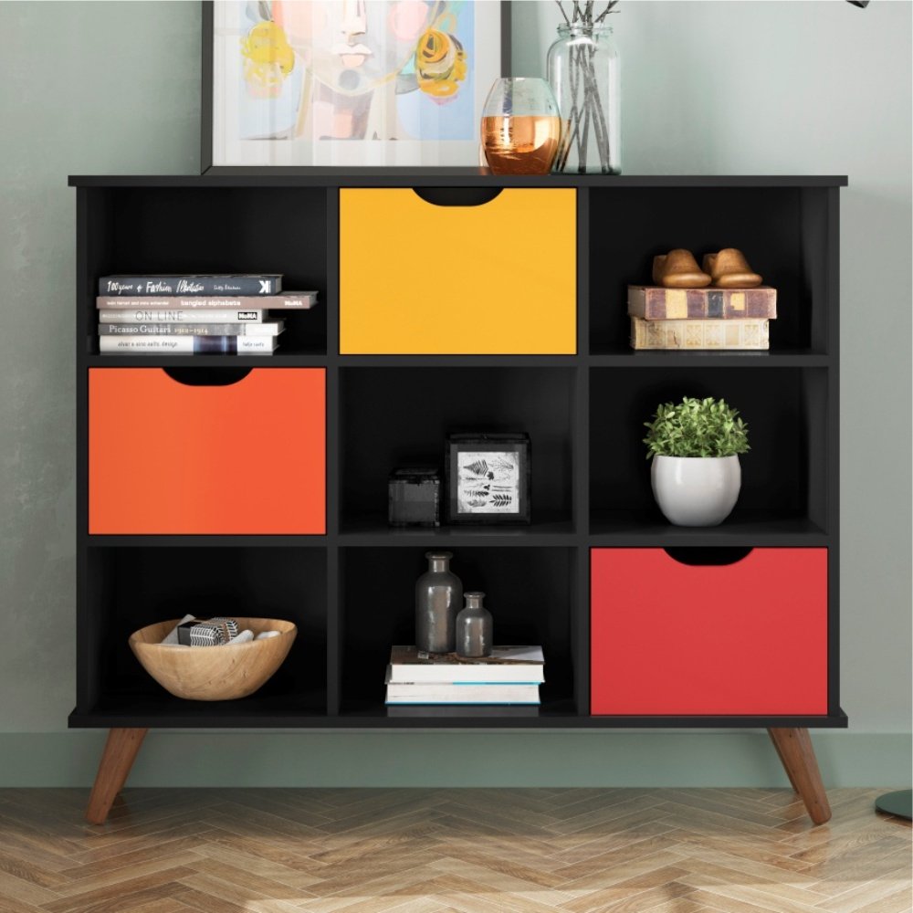 Nicho Organizador Retrô Yolanda Preto com Gavetas Coloridas ...