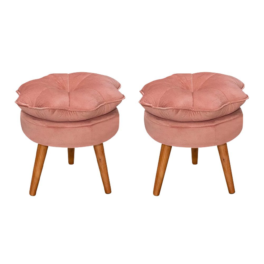 Kit 2 Puffs Pétala Pés de Madeira Maciça Suede Rosa | MadeiraMadeira