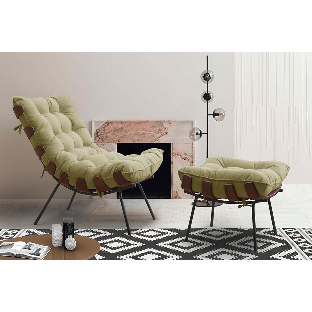 Conjunto Decorativo Poltrona e Puff Abel Base de Madeira Preto Veludo ...