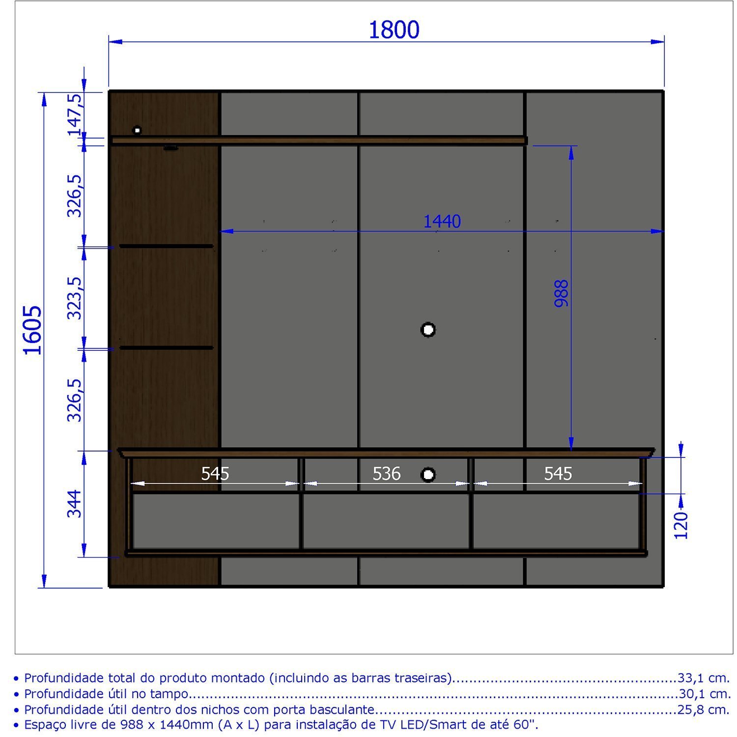 Painel para TV até 60 Polegadas 3 Portas 3 Nichos Trend Móveis Bechara ...