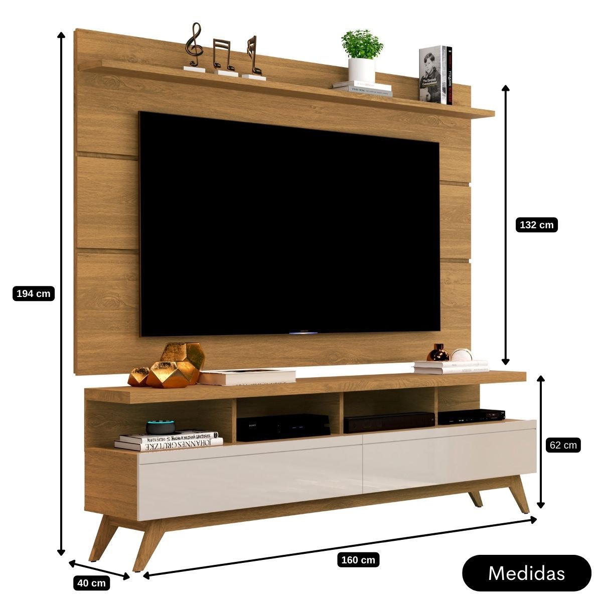 Rack com Painel para Sala Televisão até 55 Polegadas - Mod.2029:Cumaru/Off White | MadeiraMadeira