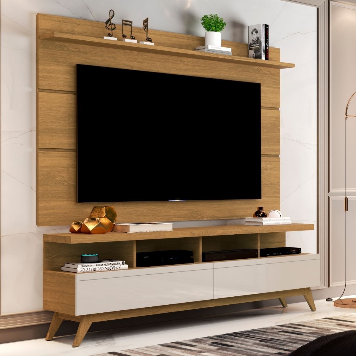 Rack com Painel para Sala Televisão até 55 Polegadas - Mod.2029:Cumaru/Off White | MadeiraMadeira
