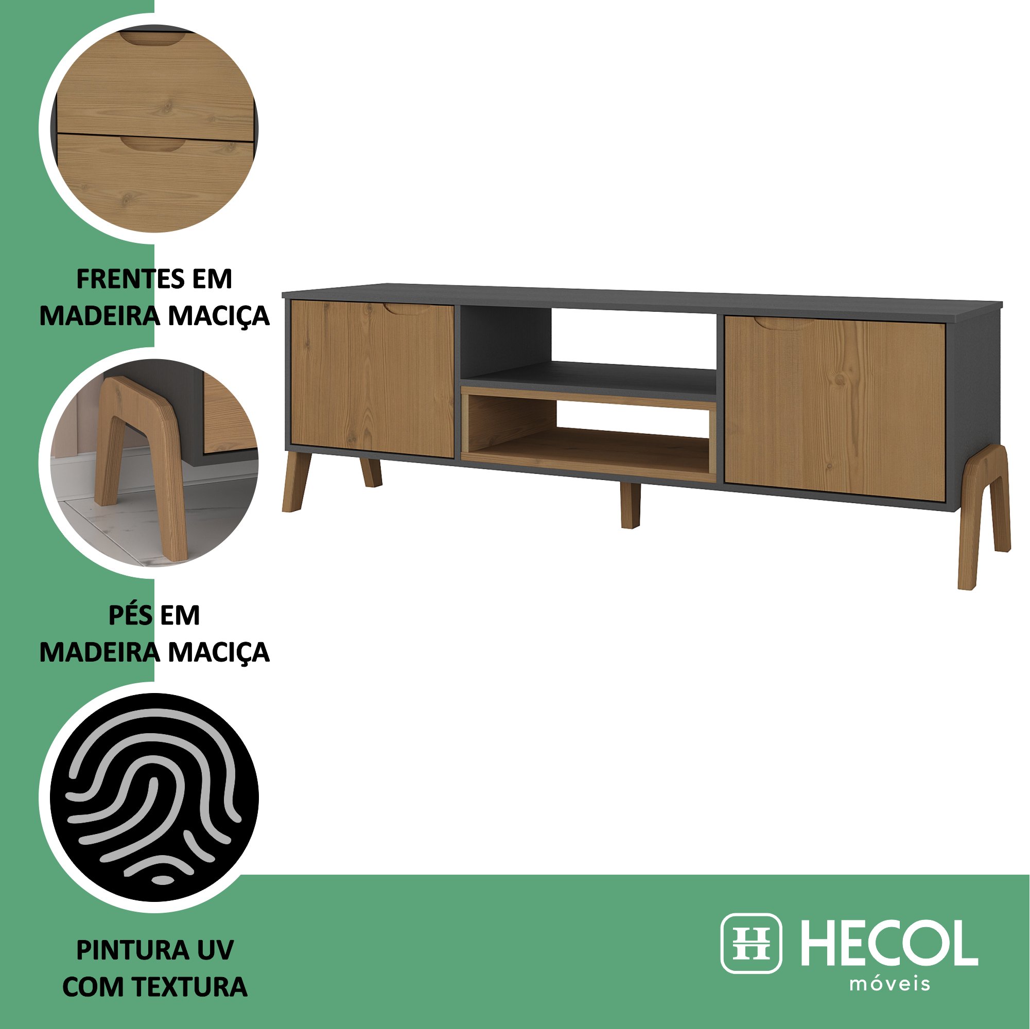 Rack para TV até 65 Polegadas Retrô 2 Portas Veneza Hecol Móveis | MadeiraMadeira