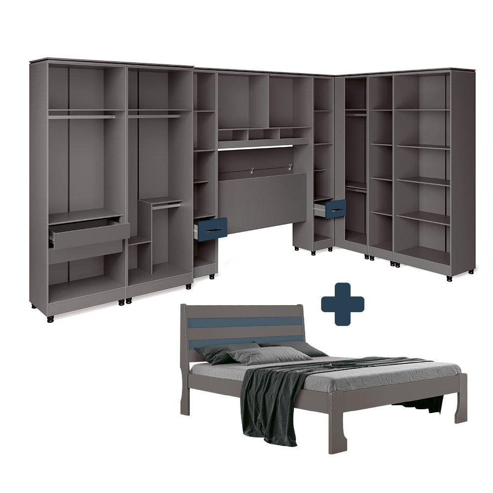 Guarda Roupa Modulado Com Cama Casal 8 Peças 14 Portas Grafite Azul ...