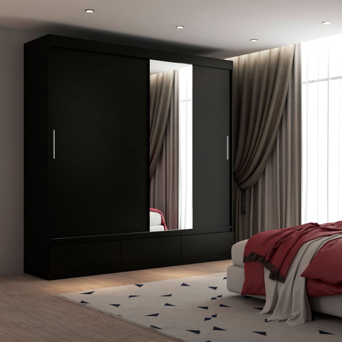 Guarda-Roupa Solteiro Londres 2 Portas 3 Gavetas com Espelho Preto ...