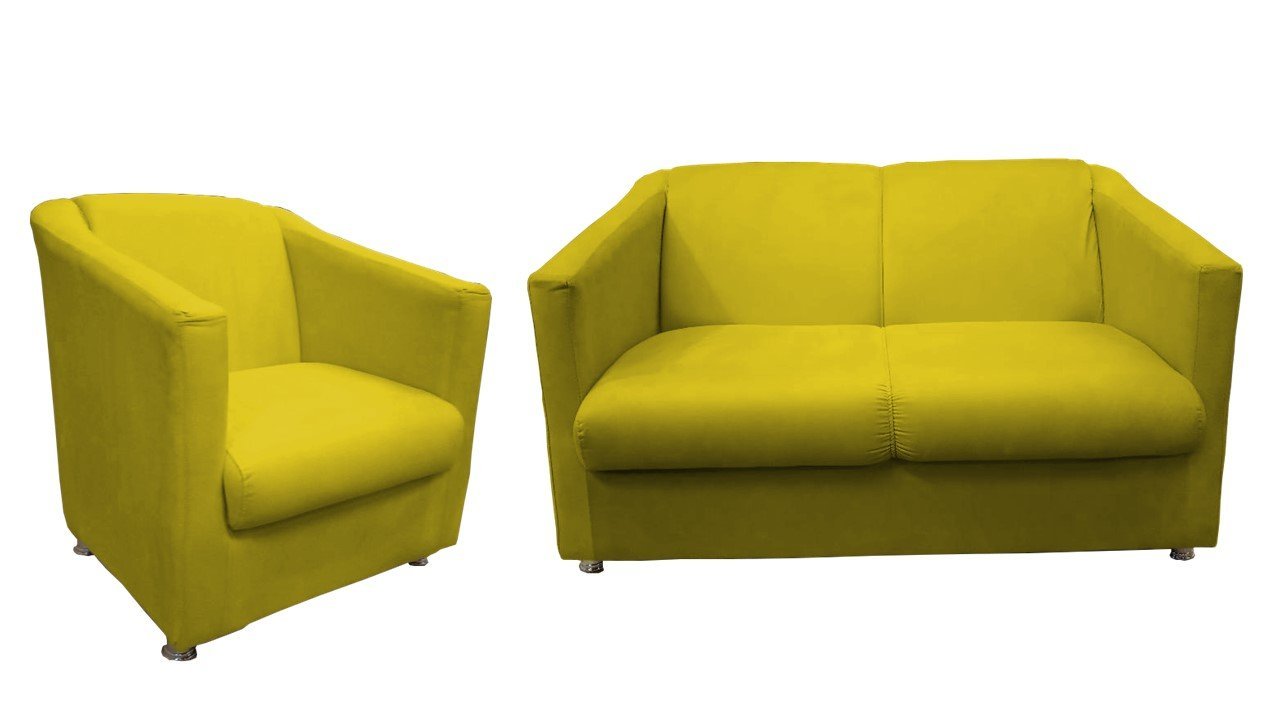 Kit Namoradeira + 1 Poltrona Decorativa Biane Couro Amarelo Pés Cromado ...