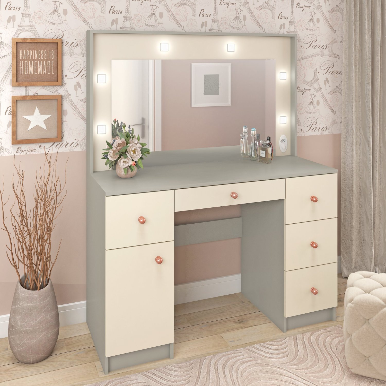 Penteadeira 117cm com Espelho LED 1 Portas 5 Gavetas Ravena Fellicci ...