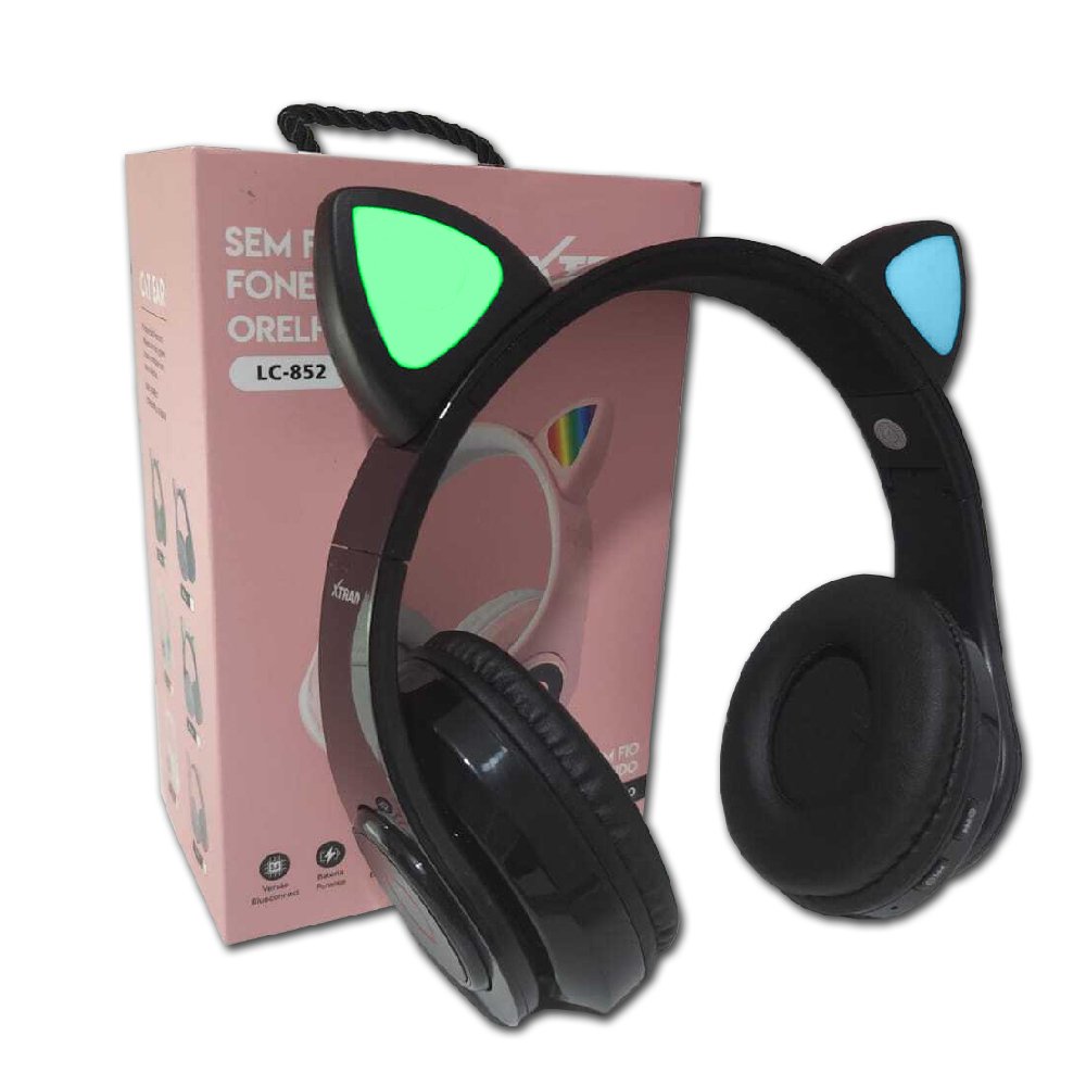 Fone Headset Bluetooth Orelha Gato Led Games Preto | MadeiraMadeira