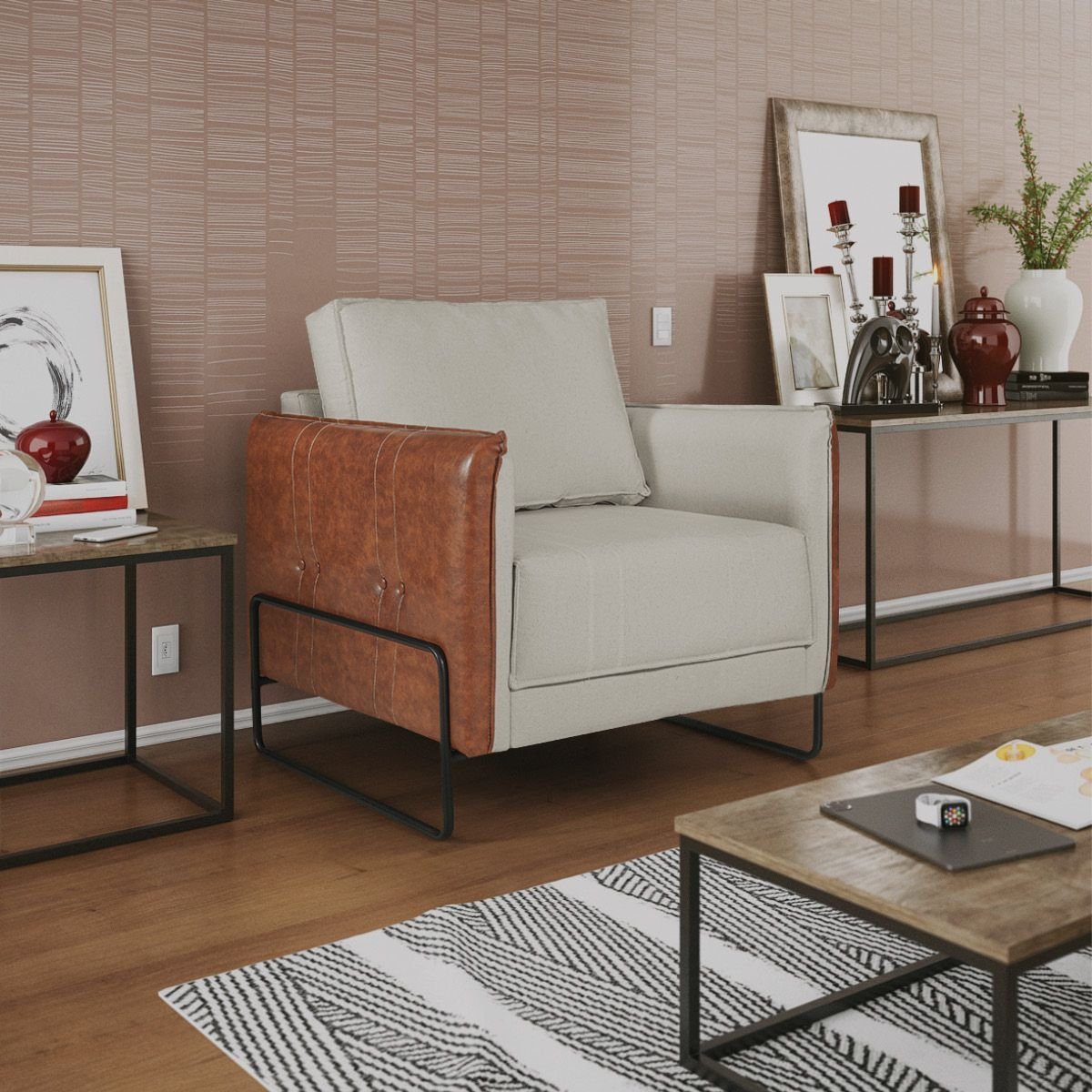 Poltrona Manhattan Base de Ferro Sintético Nozes com Linho Bege - ADJ ...