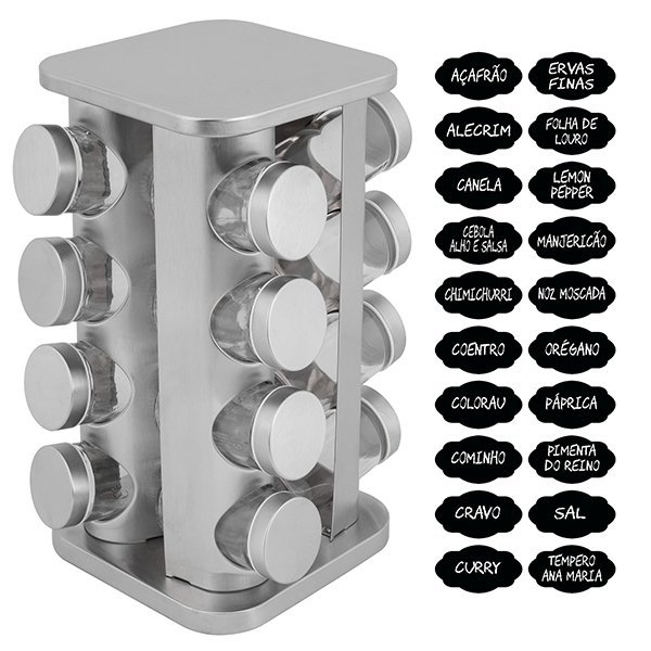 Porta Tempero Condimento Inox 16 potes Giratório + etiquetas ...