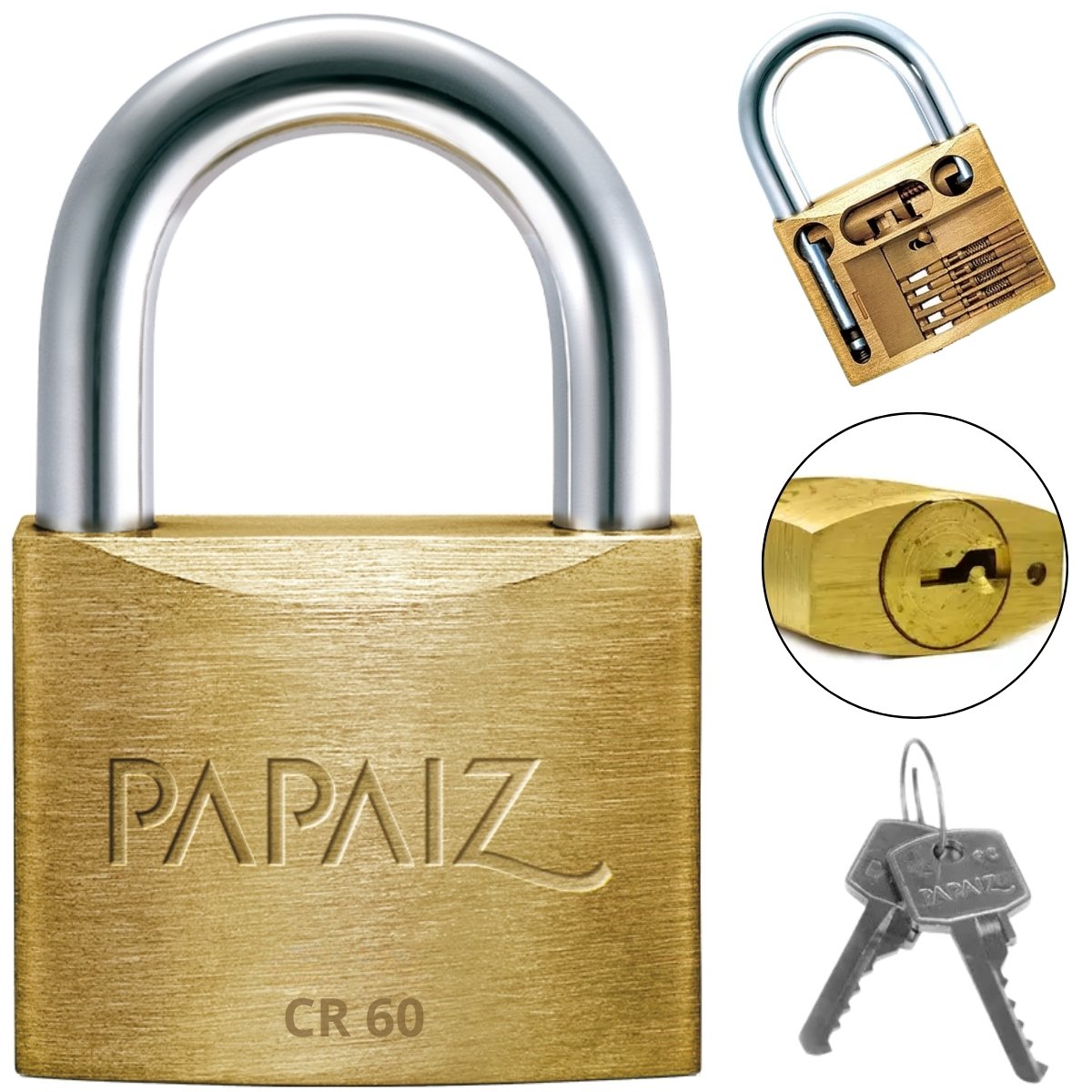 Cadeado Grande 60mm Haste Curta Latão Maciço Dourado com Chave | Papaiz ...