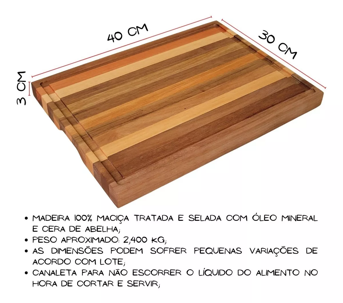 Tábua de Carne Churrasco Cozinha Madeira Grossa 40x30x3cm | MadeiraMadeira