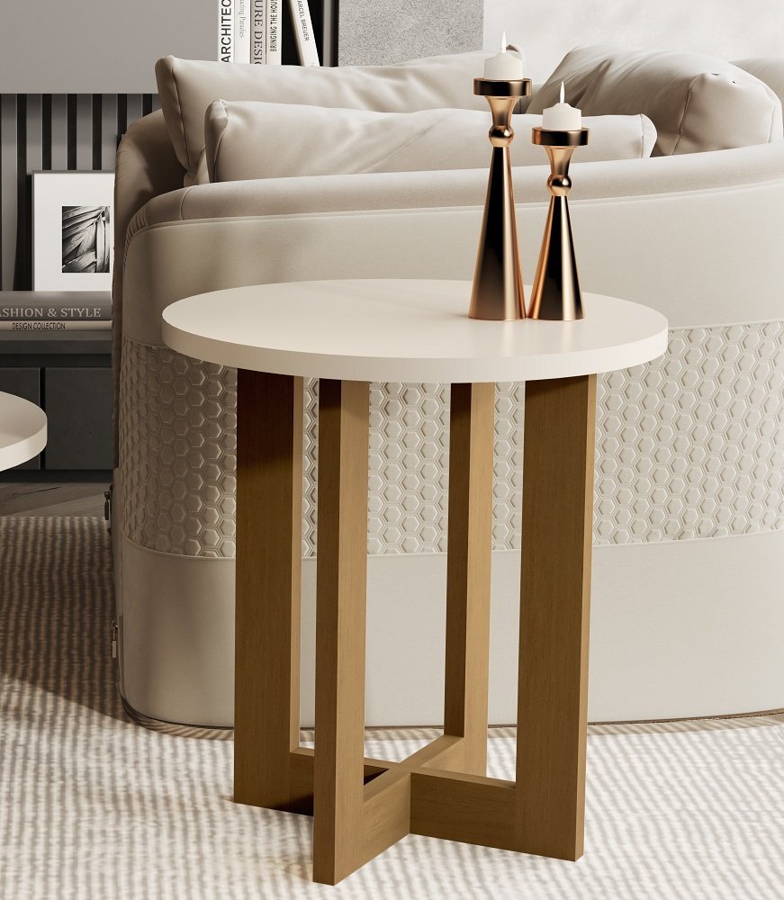 Mesa Lateral Redonda para Sala - Perola/Nature - Maite - Tutti Casa | MadeiraMadeira