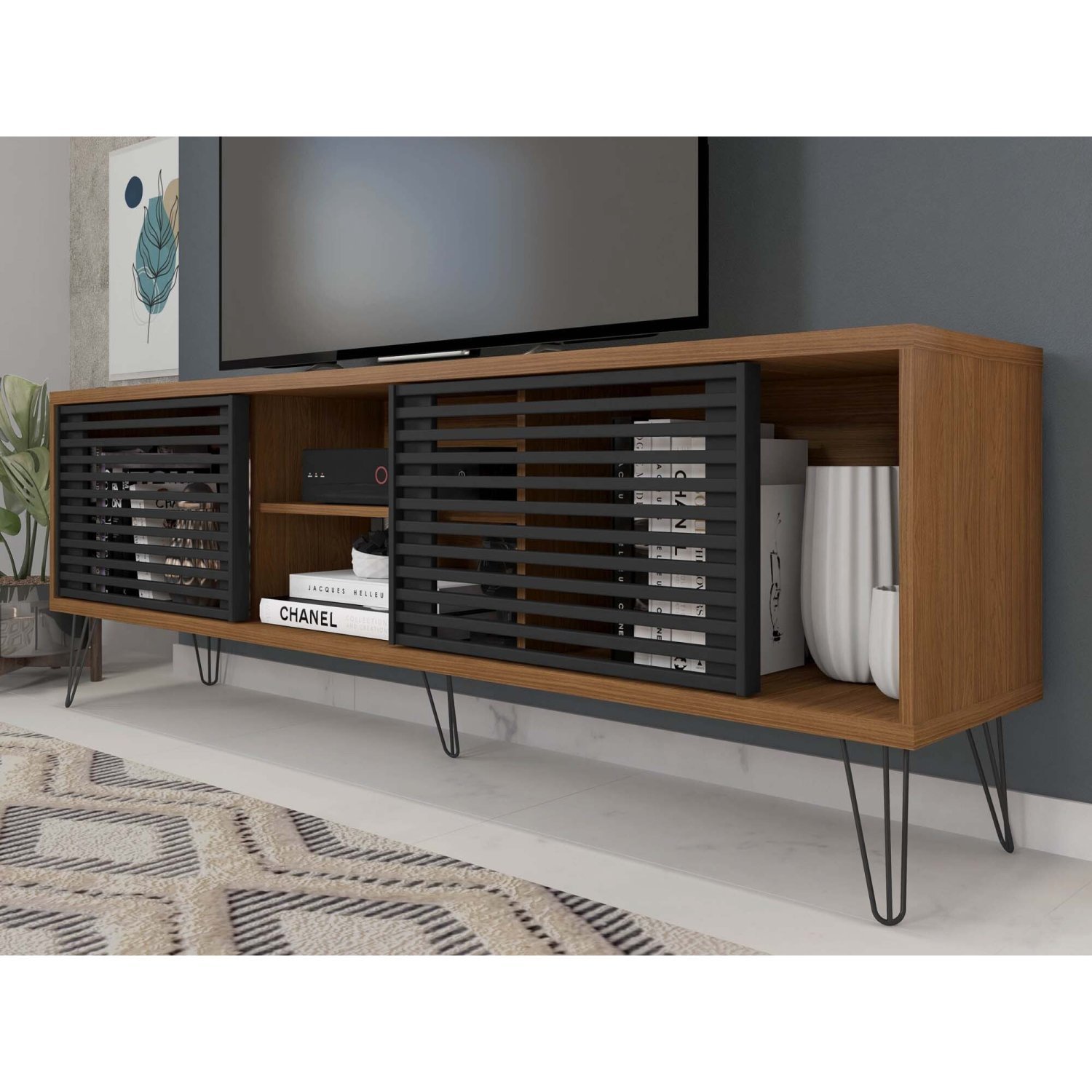 Rack para TV até 72 Polegadas Industrial Retrô 180cm em BP Porta Ripada ...