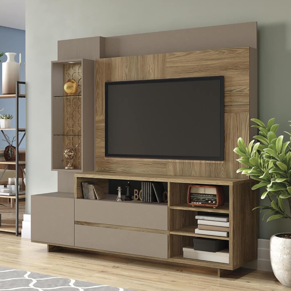 Rack com Painel Geométrico para TV de 60 - Nogueira/Fendi | MadeiraMadeira