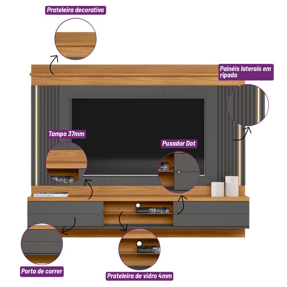 Painel Suspenso para TV 75 Pol. com LED 217cm Barceli L06 Nature/Chumbo - Mpozenato | MadeiraMadeira