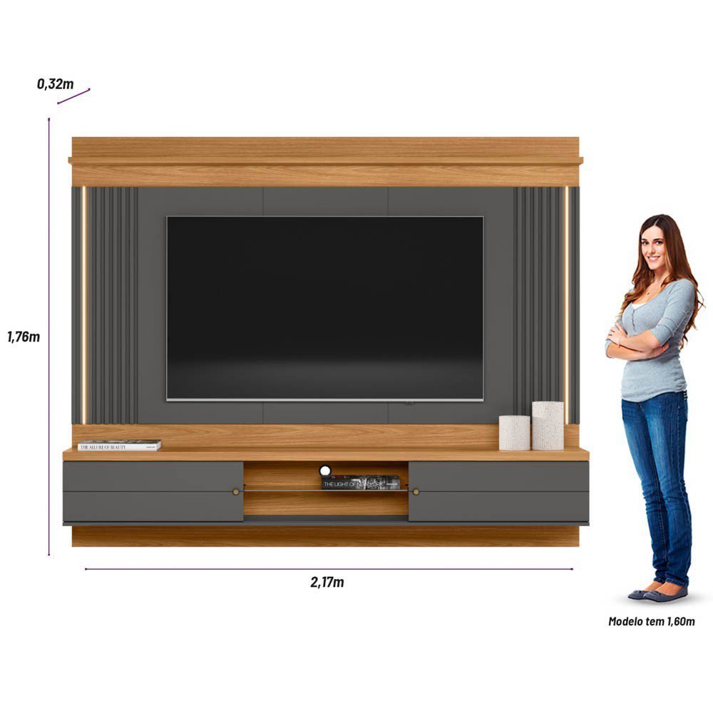 Painel Suspenso para TV 75 Pol. com LED 217cm Barceli L06 Nature/Chumbo - Mpozenato | MadeiraMadeira