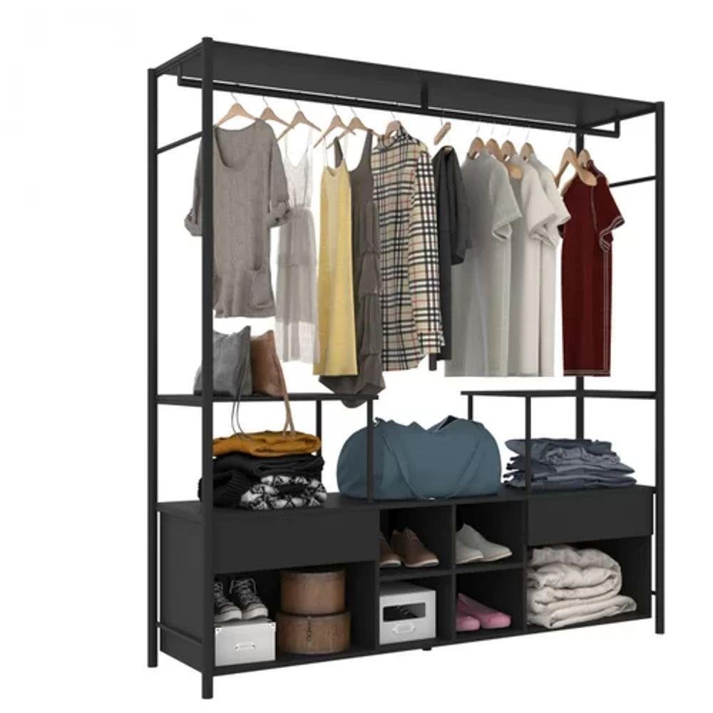 Guarda Roupa Arara Para Casal Industrial 174cm 2 Gavetas Preto Fosco ...