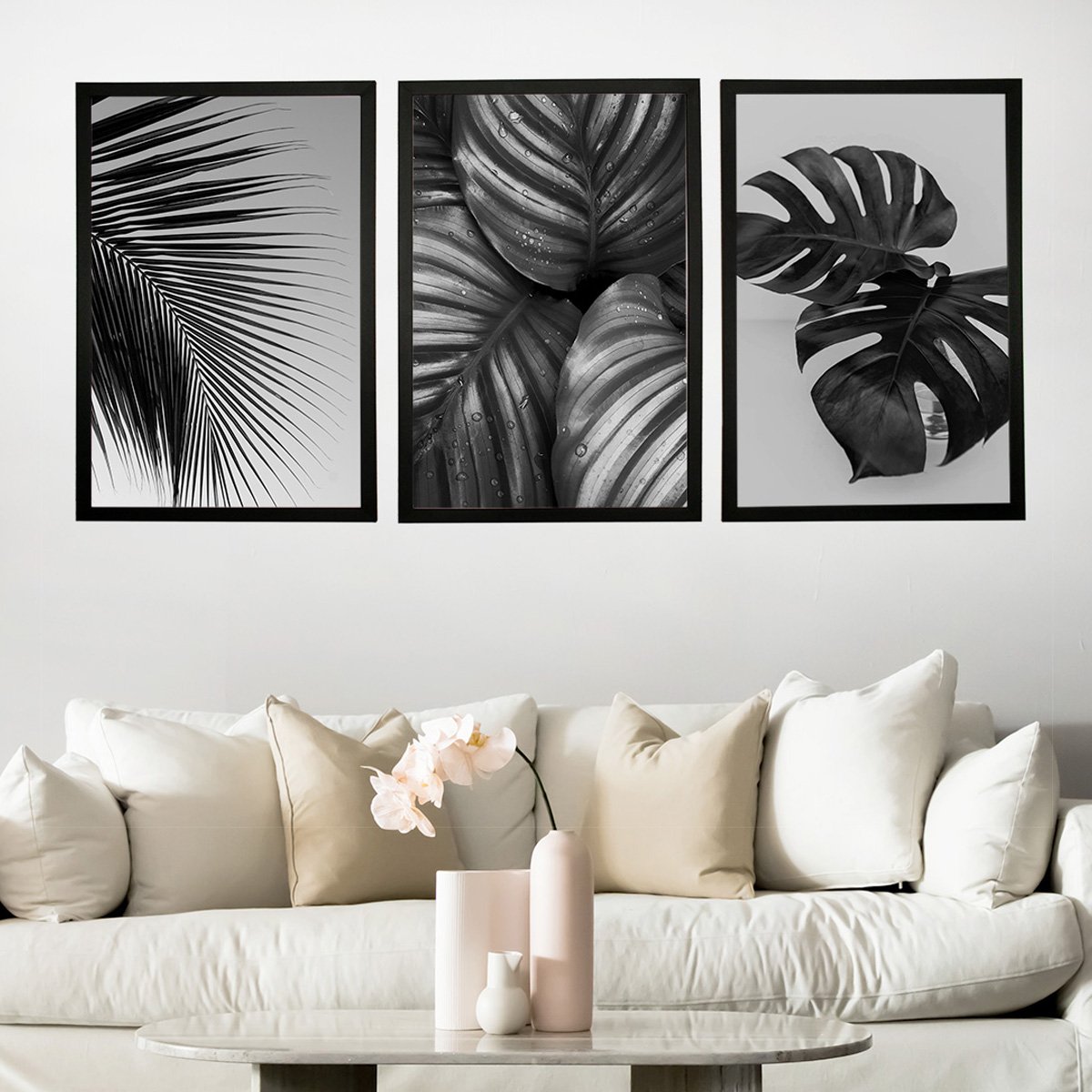 Conjunto de Quadros Abstratos Formas Geométricas Folhagem Preto e ...