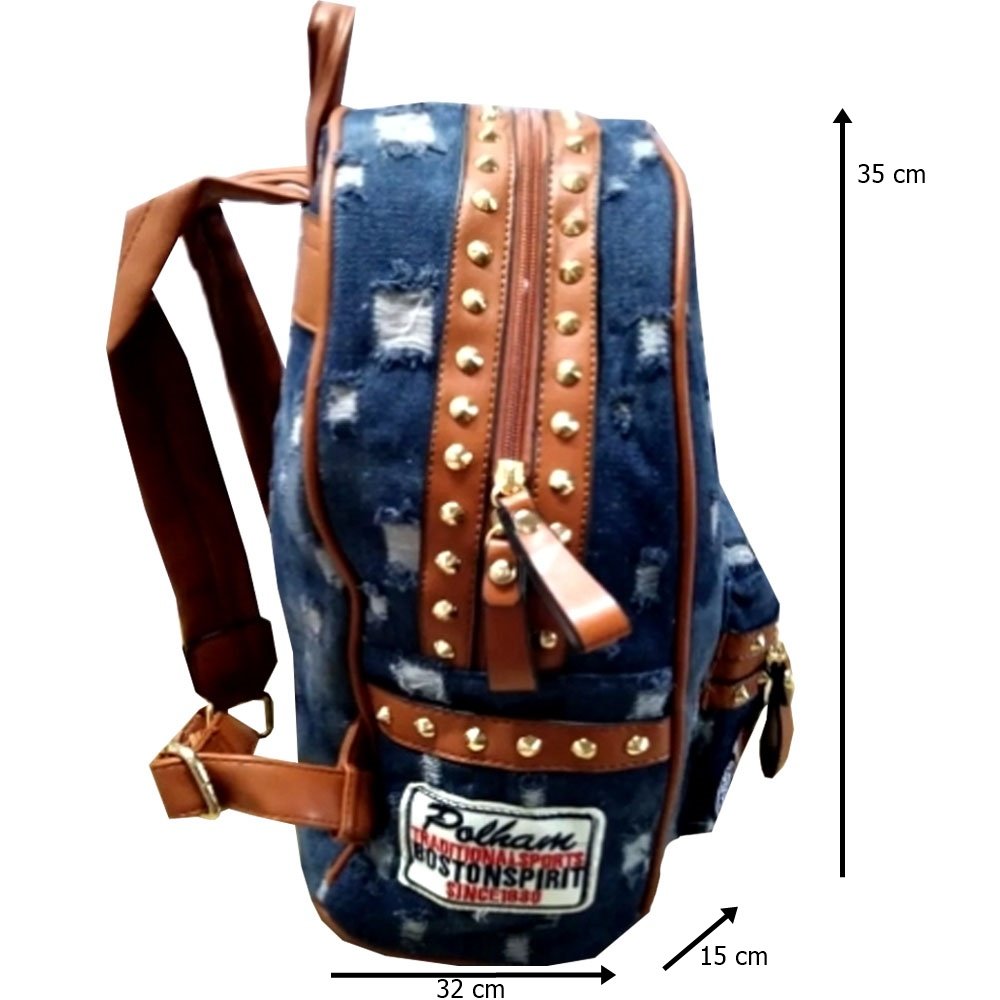 Mochila Patches Jeans Escolar Spike Feminino - Azul escuro | MadeiraMadeira