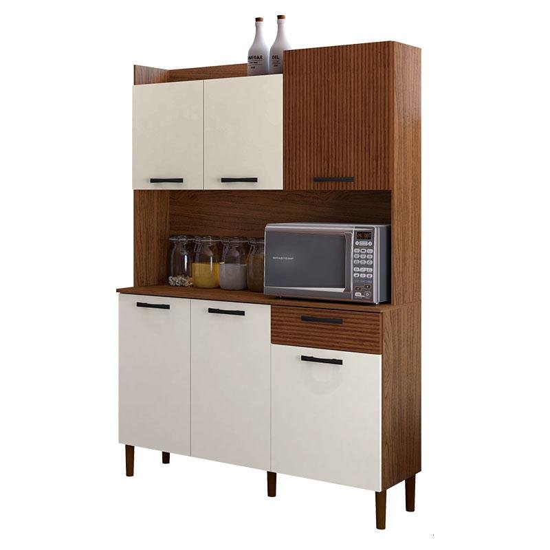 Kit Cozinha Gênova 6 Portas Nogueira Off White Ripado - Kits Paraná | MadeiraMadeira