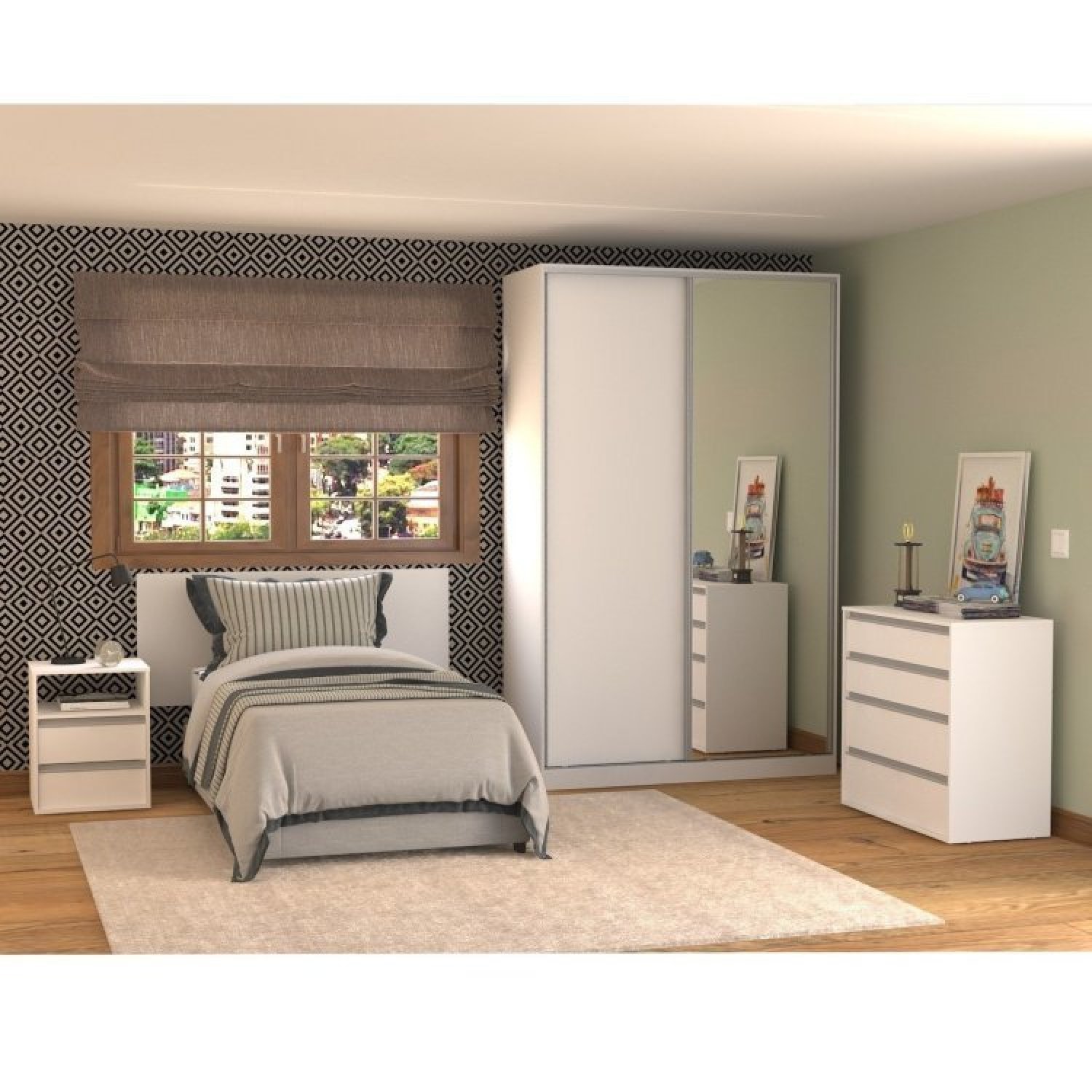 Quarto Completo com Guarda-Roupa, 1 Mesa de Cabeceira e Cômoda Nova ...