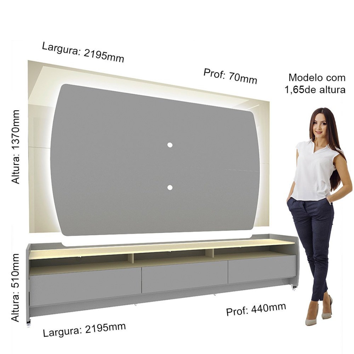 Rack com Painel para TV até 75 Polegadas com LED 220cm Sublime Gelius Móveis | MadeiraMadeira