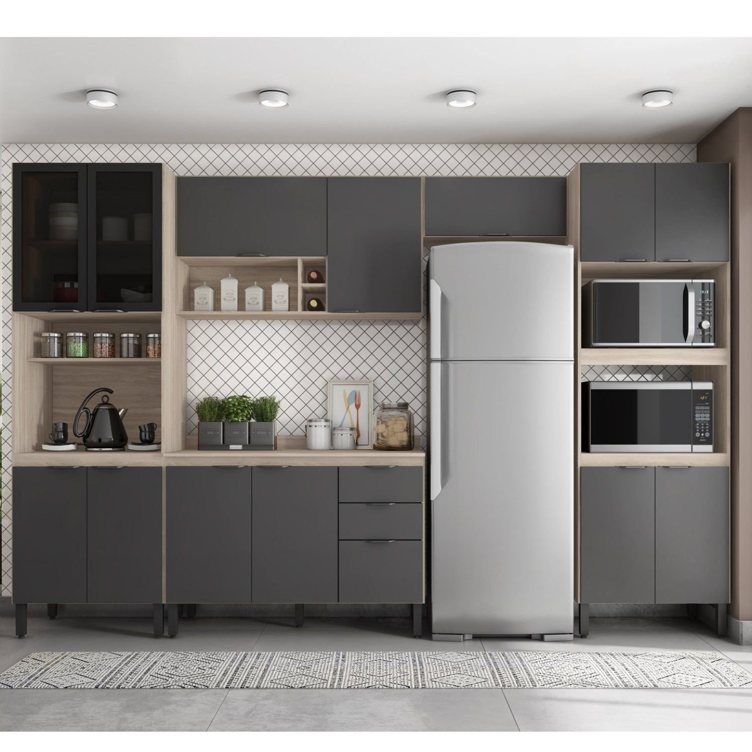 Cozinha Completa Modulada Firenze 05 Peças 14 Portas e 02 Gavetas Cinza ...