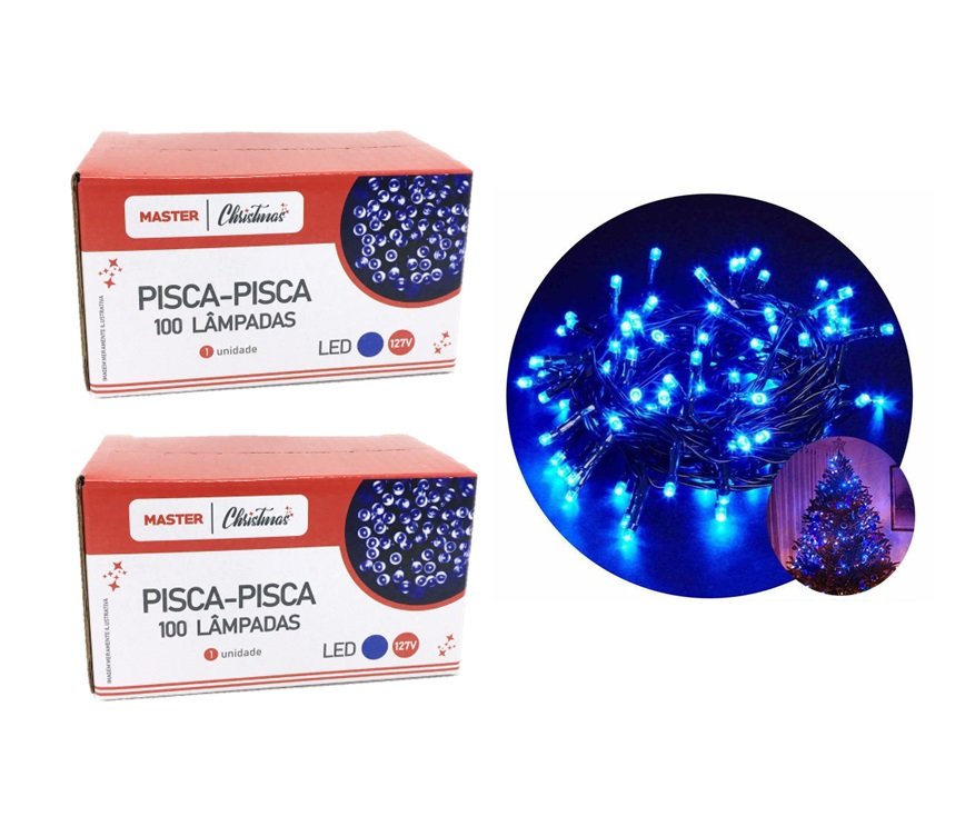 Kit 2 Pisca Pisca 100 Lâmpadas LED Azul 8 Funções 127V Total 200 ...