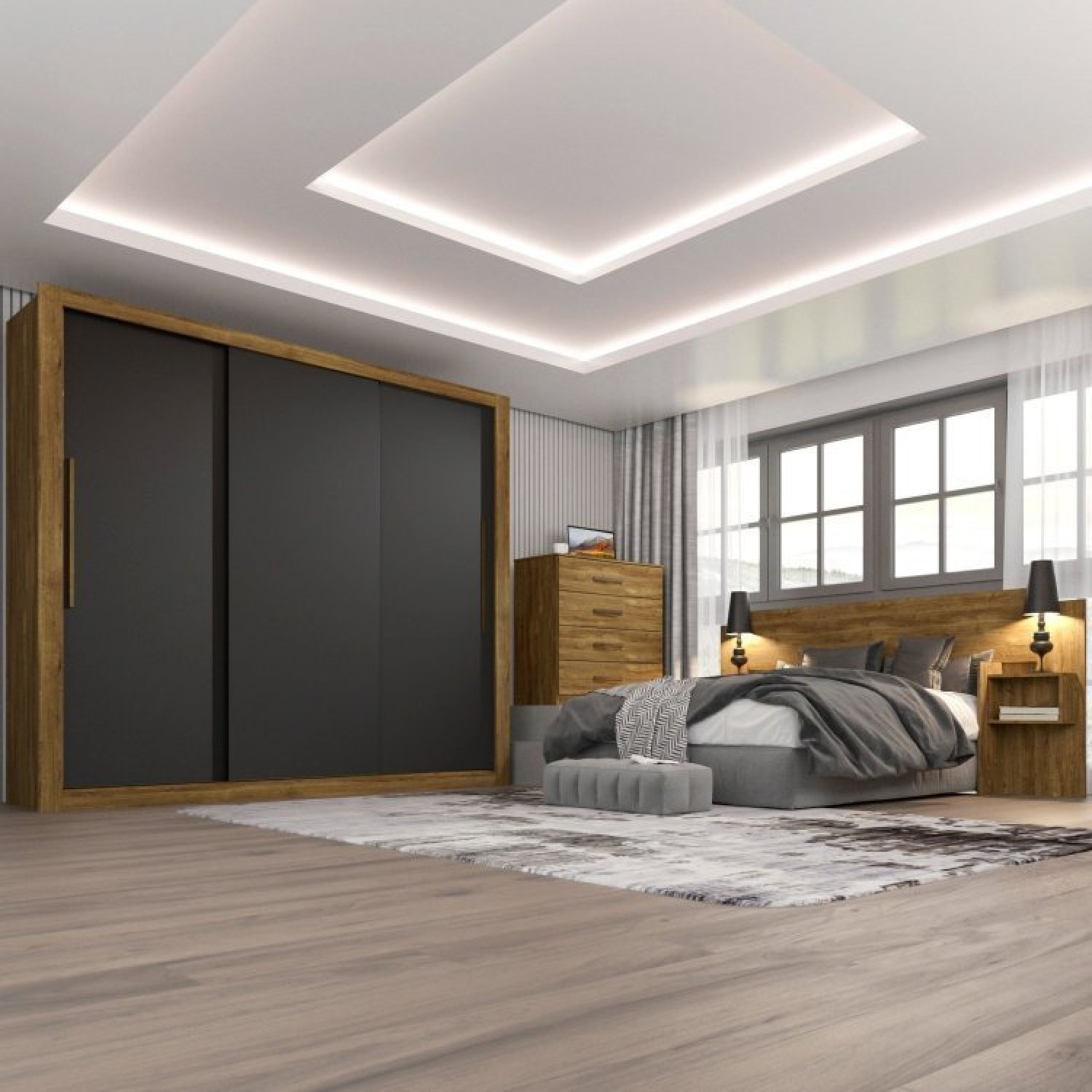 Quarto de Casal Completo com Guarda Roupa, Cômoda e Cabeceira com 2 Mesas de Apoio Sallêto ...