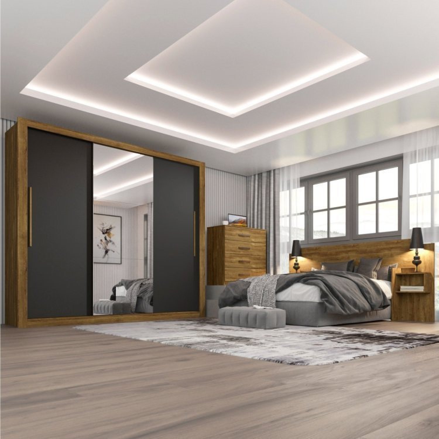 Quarto de Casal Completo com Guarda Roupa, Cômoda e Cabeceira com 2 ...