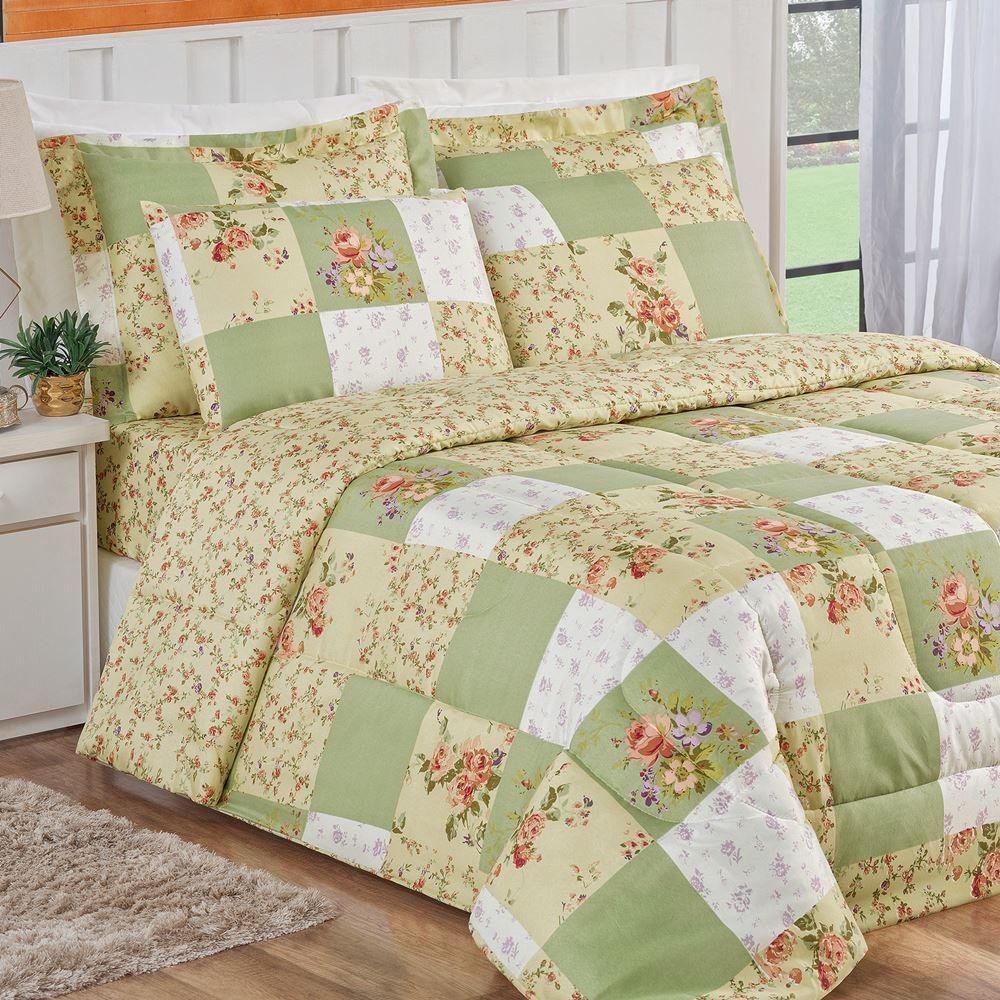 Kit Edredom Dupla Face Queen Bouti 03 Peças Patchwork Verde ...