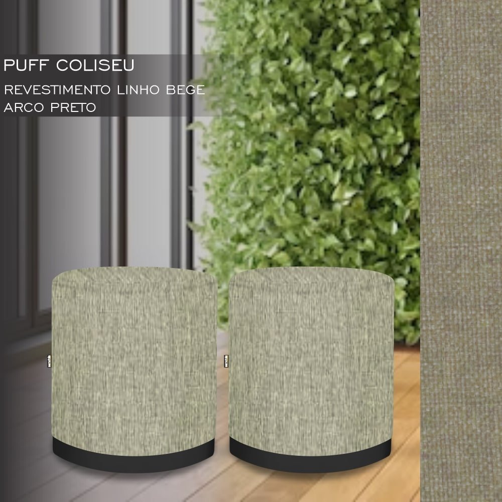 2 Banquetas Puffs Redondo de Tecido Linho Egmobile Puff Coliseu Bege | MadeiraMadeira
