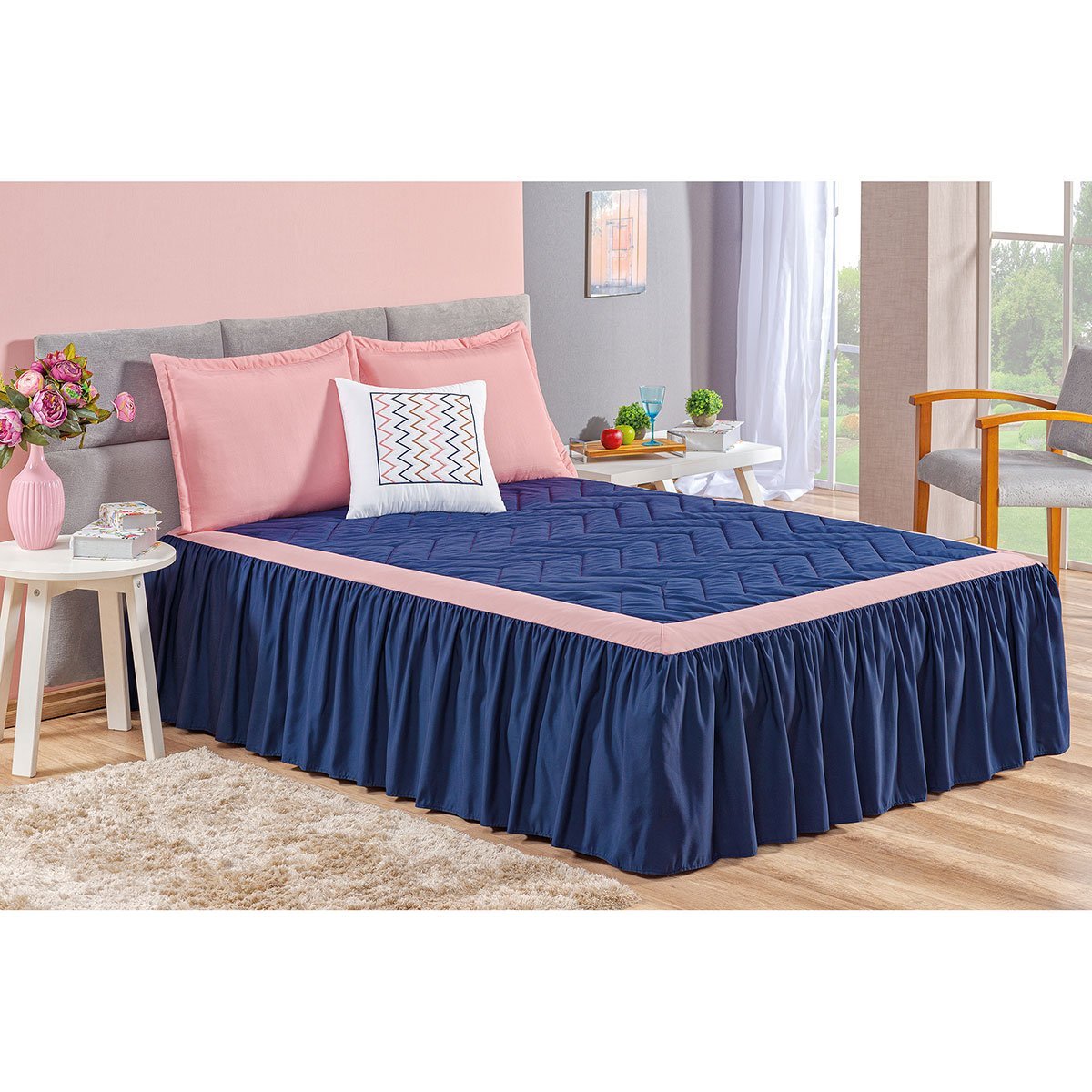 Kit Colcha Cama Casal Azul Marinho 5 Peças com Almofada Decorativa ...