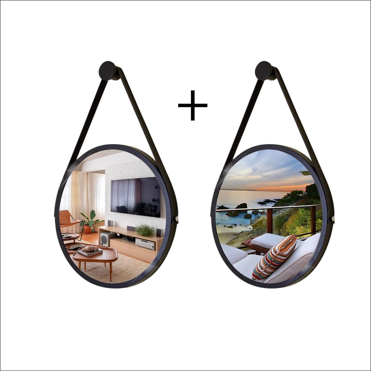 Kit 2 Espelhos Redondo Decorativo Suspenso Alça 40cm + Suporte Preto ...