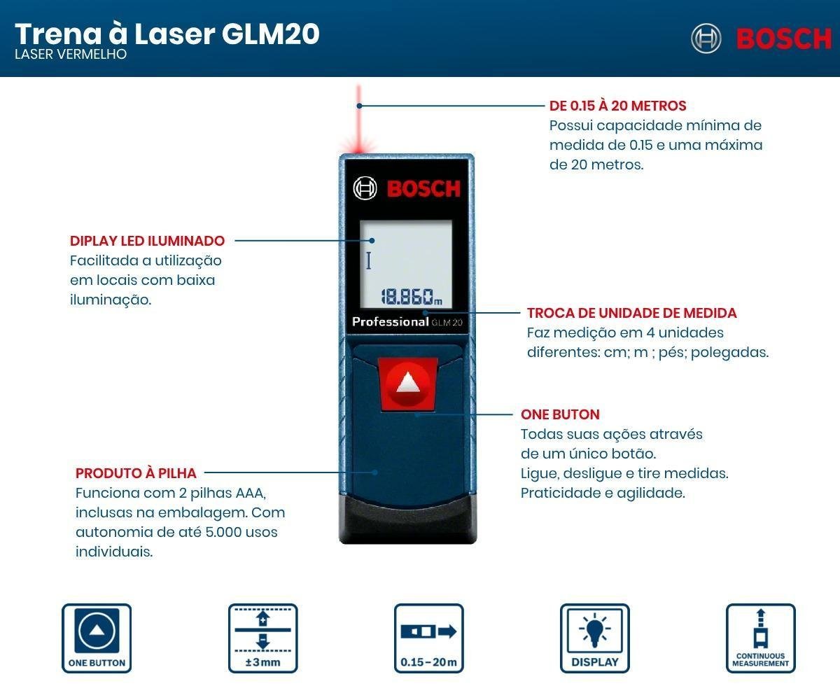 Trena A Laser Glm20 Bosch Com Leitura/ Medidor De 20 Metros ...
