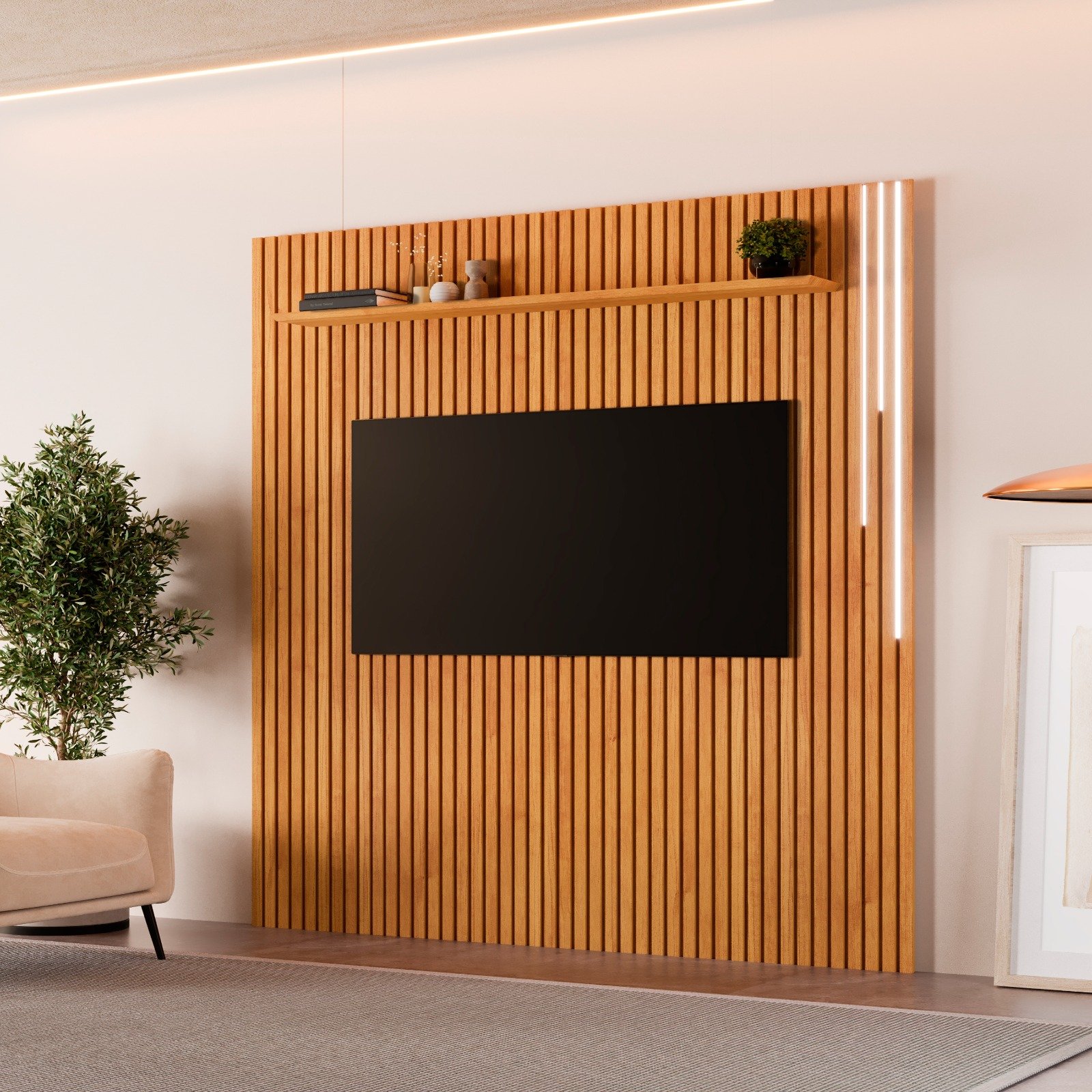 Painel Paris Ripado com Led e Prateleira 2,28x2,17 Naturalle ...