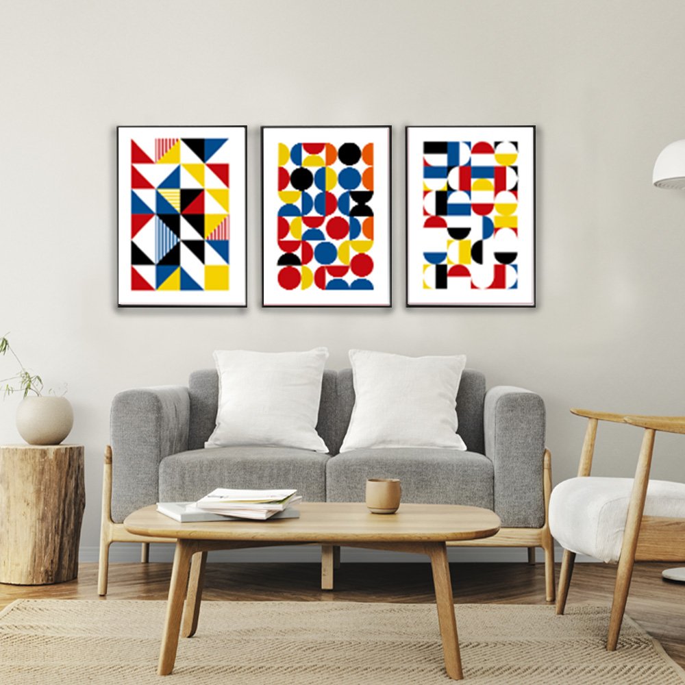 Quadro Decorativo Bauhaus Retrô em 3 Telas com Moldura Filete ...