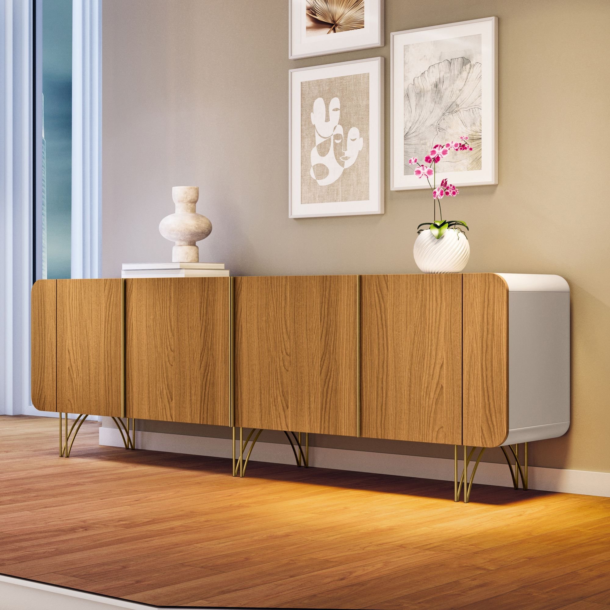 Aparador Buffet Bancada Saluti Hb Móveis 220cm - Off White/cinamono ...